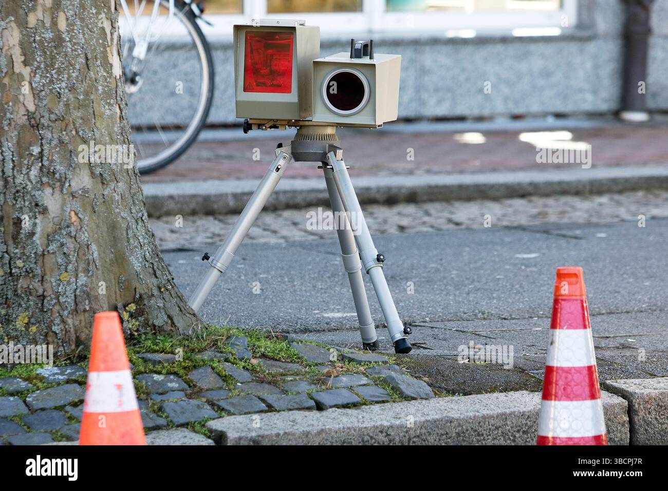Radar measuring device on the sidewalk for speed monitoring in public ...
