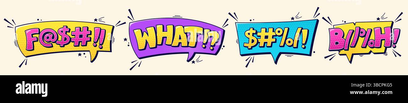 A set of four swear speech bubbles with halftone elements, cute dark ...