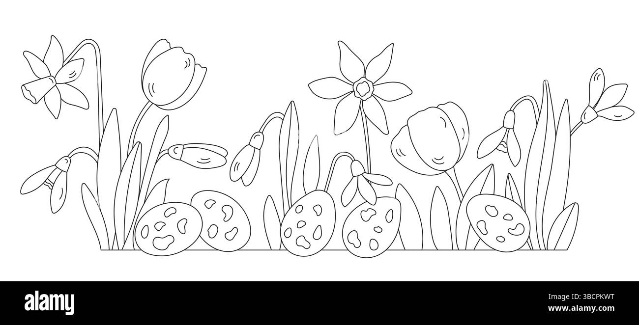 Coloring Page For Kids With Easter Eggs And Spring Flowers And An Anti ...