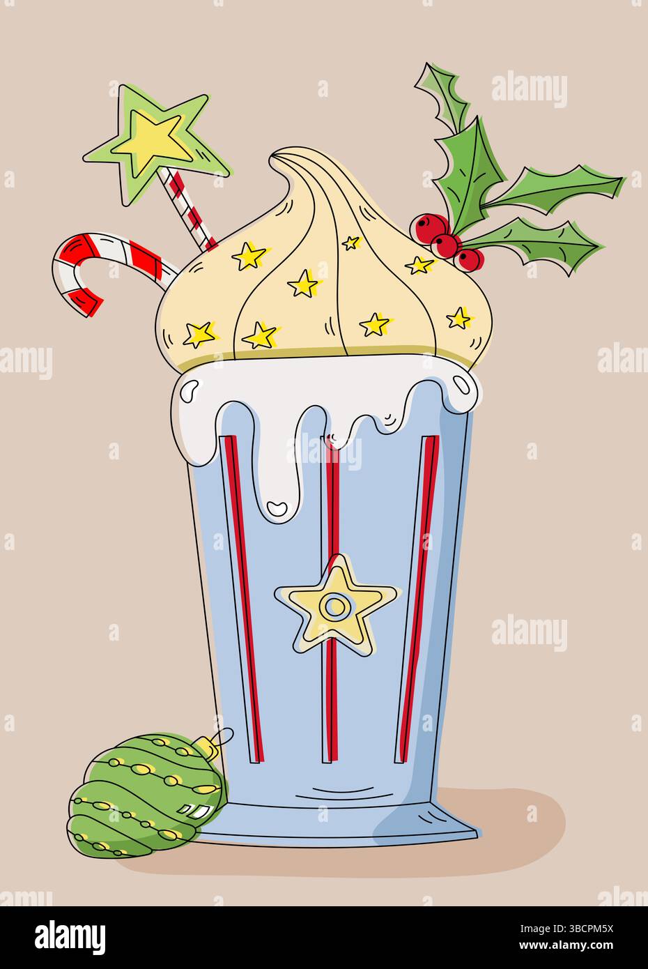 New Year's Milkshake With Decorations Depicted In A Cartoon Style ...