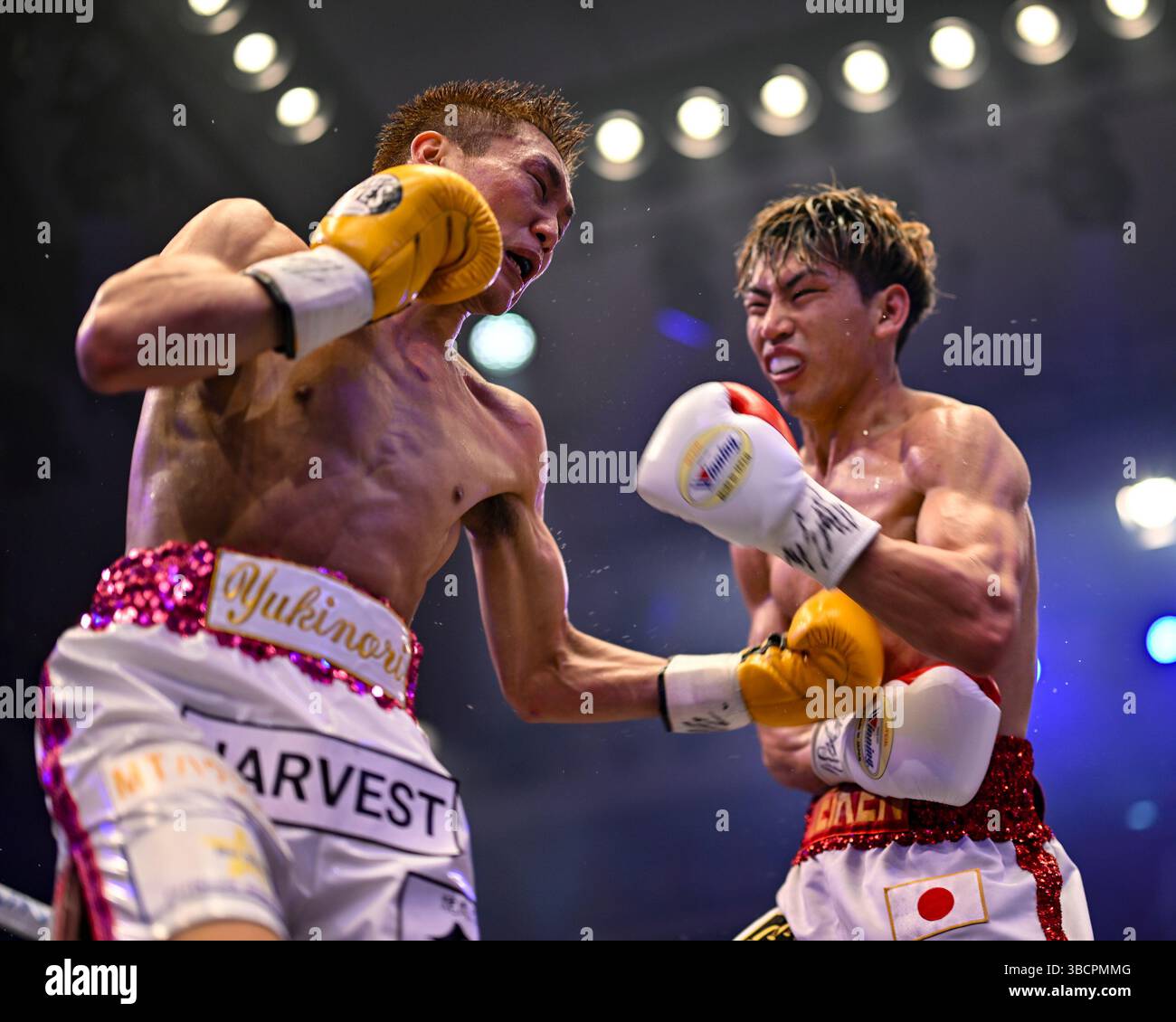 Champion Subaru Murata (white gloves) and challenger Yukinori Oguni (yellow gloves) compete ...