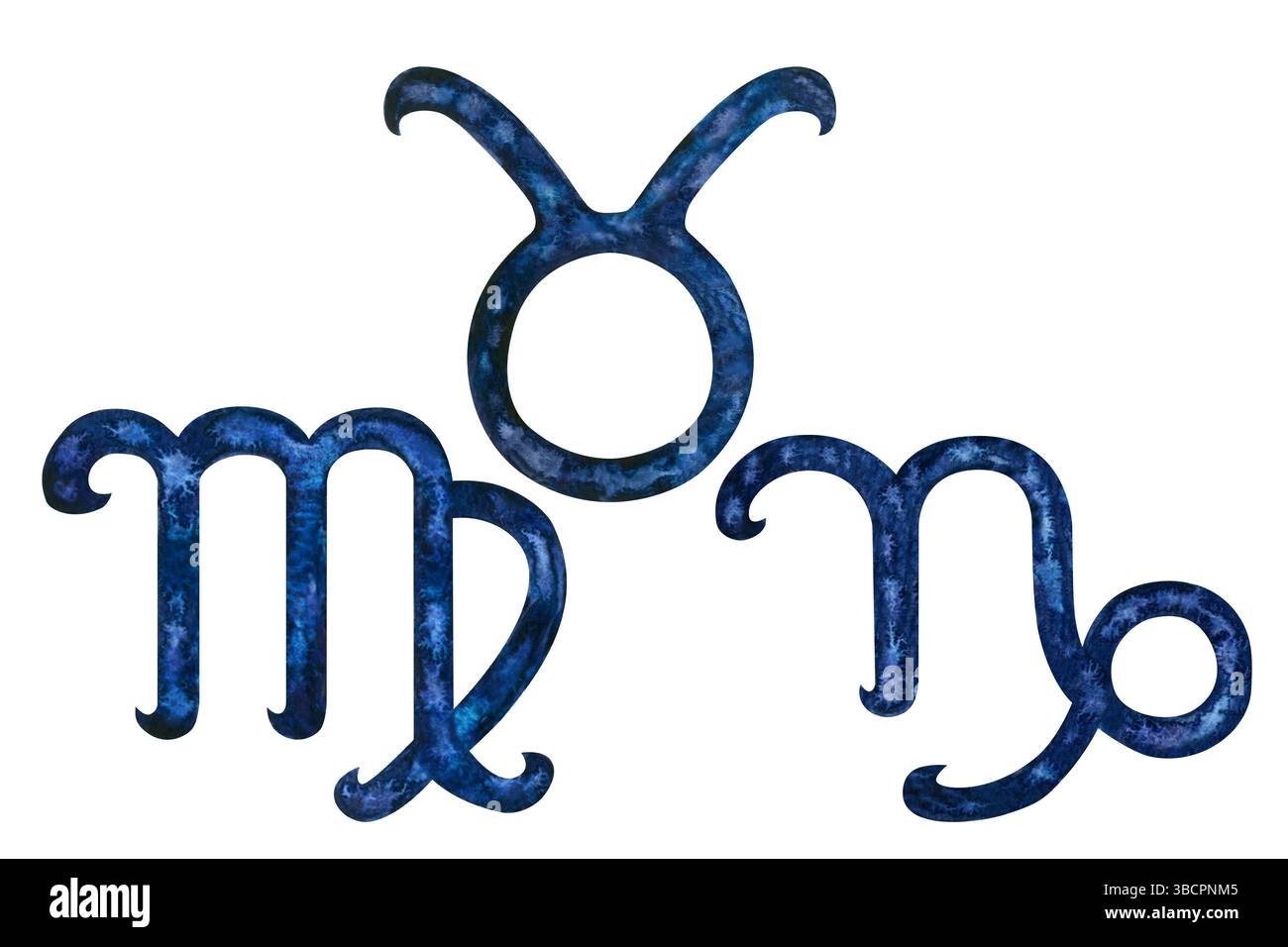 Set of three dark blue earth element zodiac signs: Taurus, Virgo ...