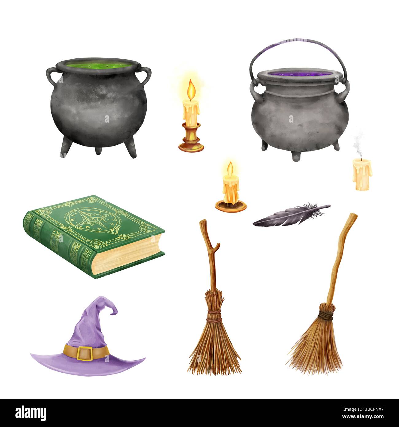 Grimoire, a book of witchcraft spell. Watercolor illustration. The ...