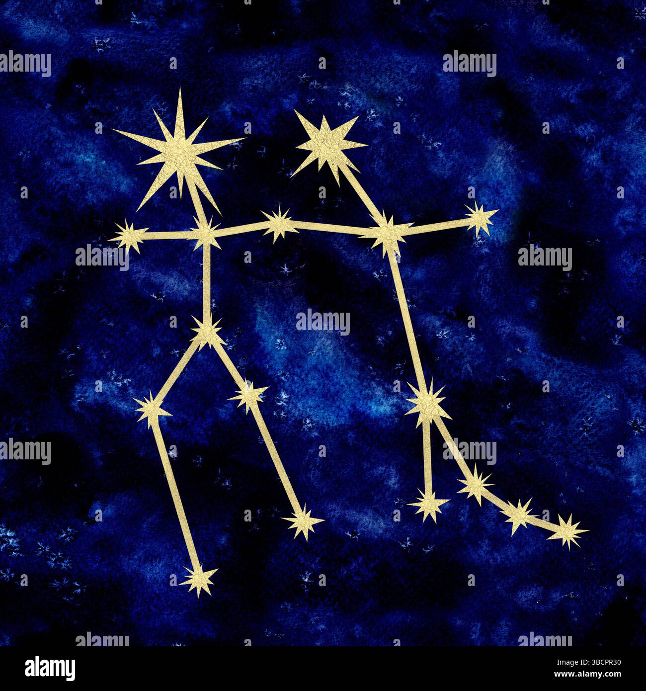 Gemini constellation with gold foil texture on dark blue galaxy ...