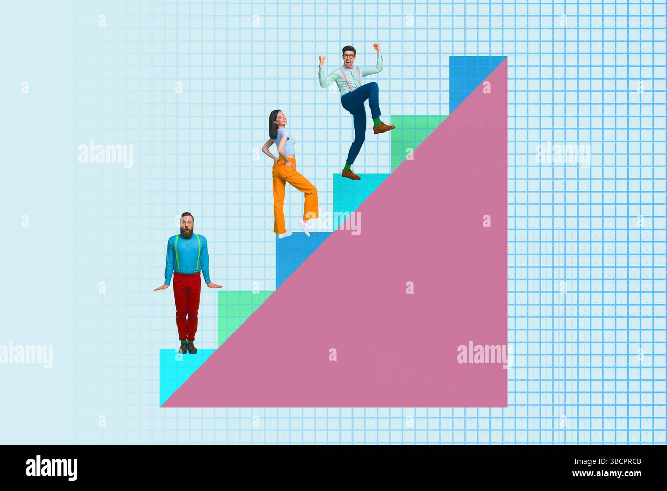 Collage of happy people jumping dancing near rising graph representing ...