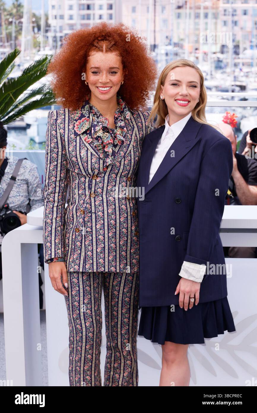 Erin Kellyman, left, and director Scarlett Johansson pose for photographers at the photo call ...