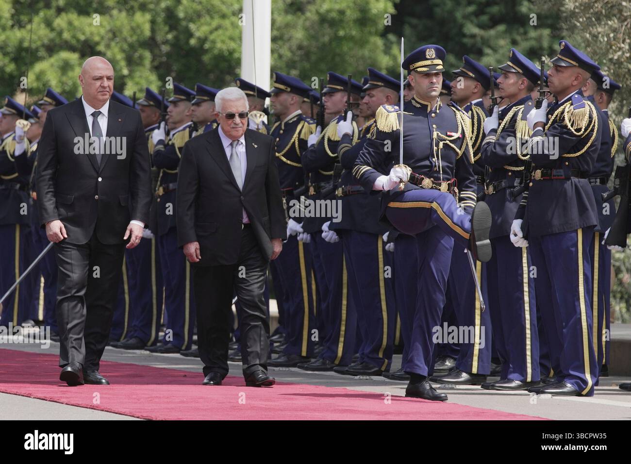 Lebanese President Joseph Aoun, left, and Palestinian President Mahmoud ...