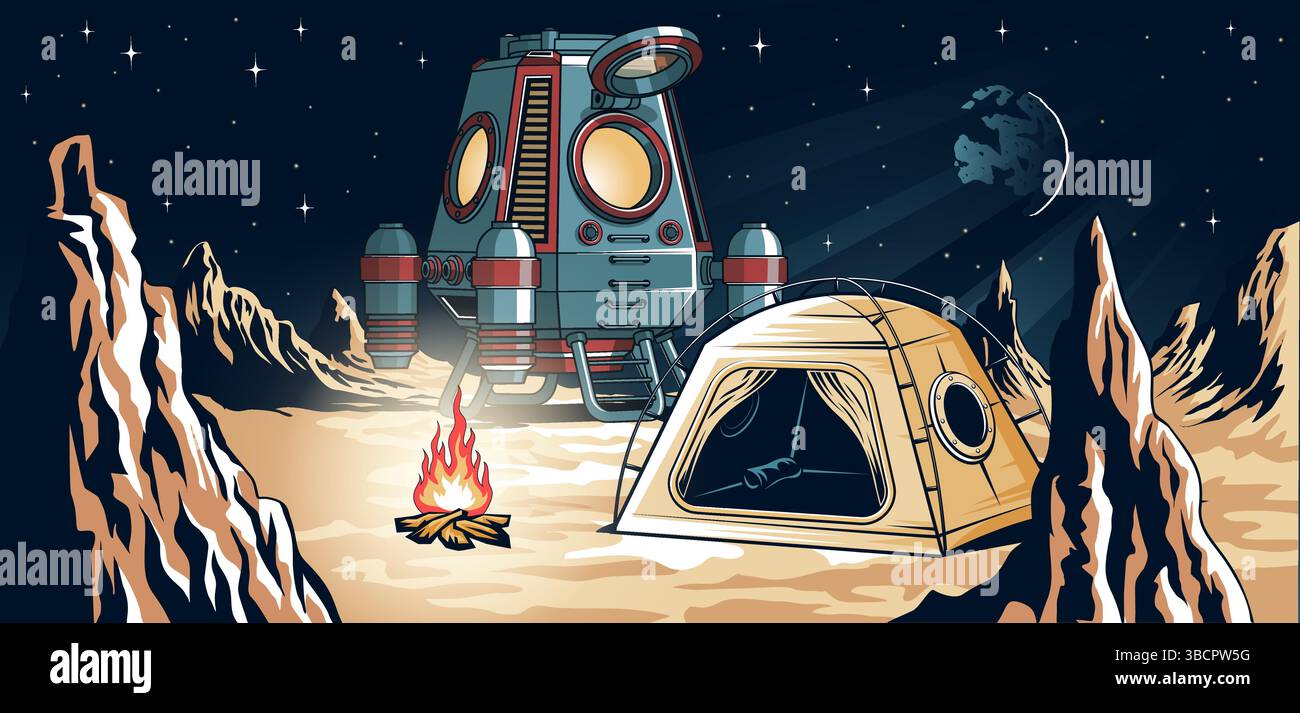 Space Camping on Alien Planet -Vector Illustration of Tent, Fire, and ...