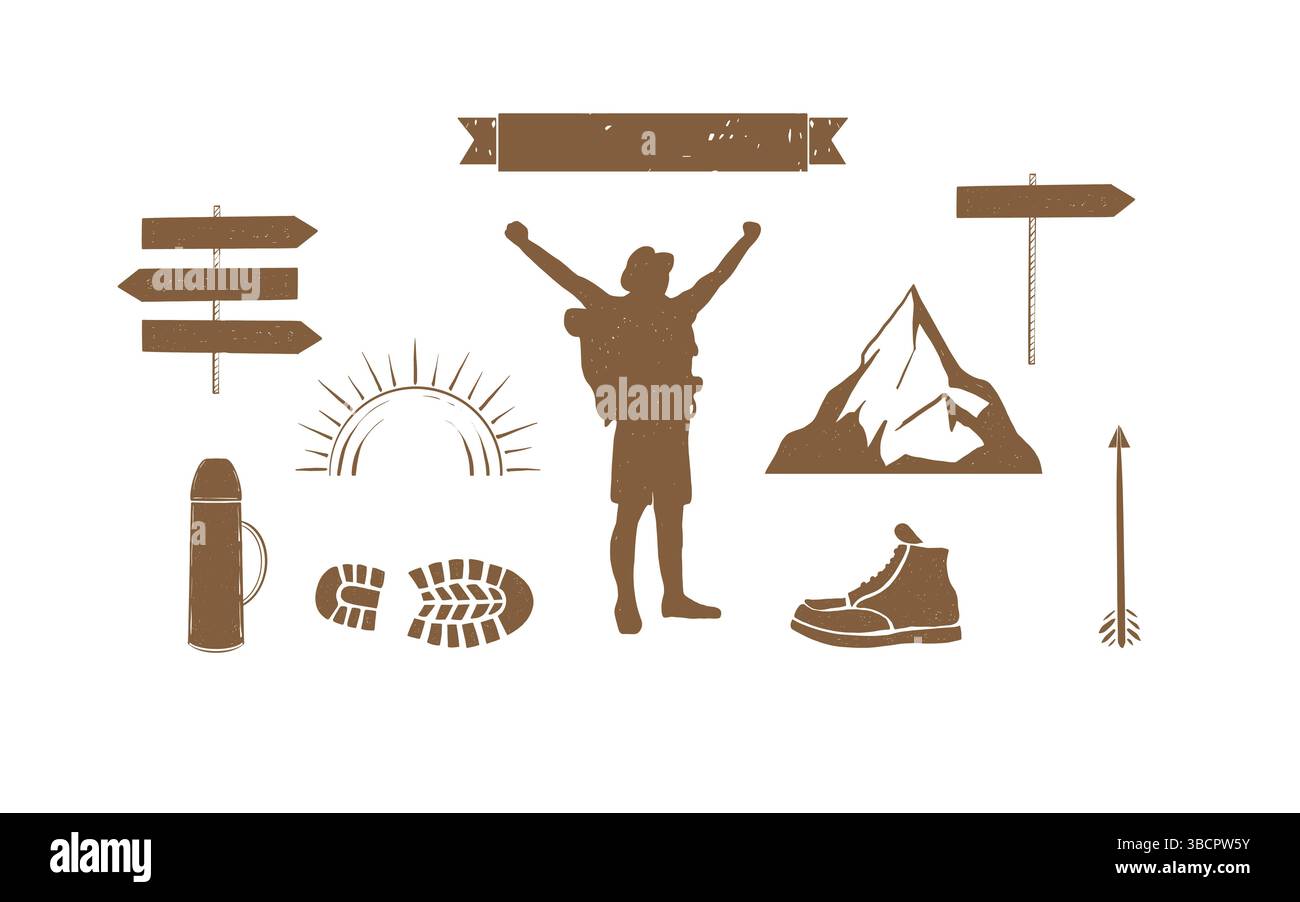 Set of Hand Drawn Mountain Hiking Illustrations. Outdoor Adventure Icon ...