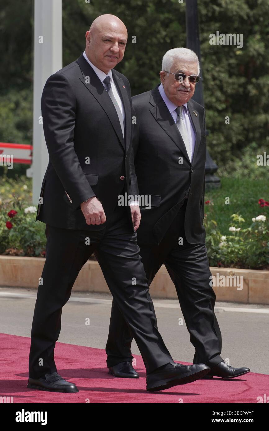 Lebanese President Joseph Aoun, left, and Palestinian President Mahmoud ...