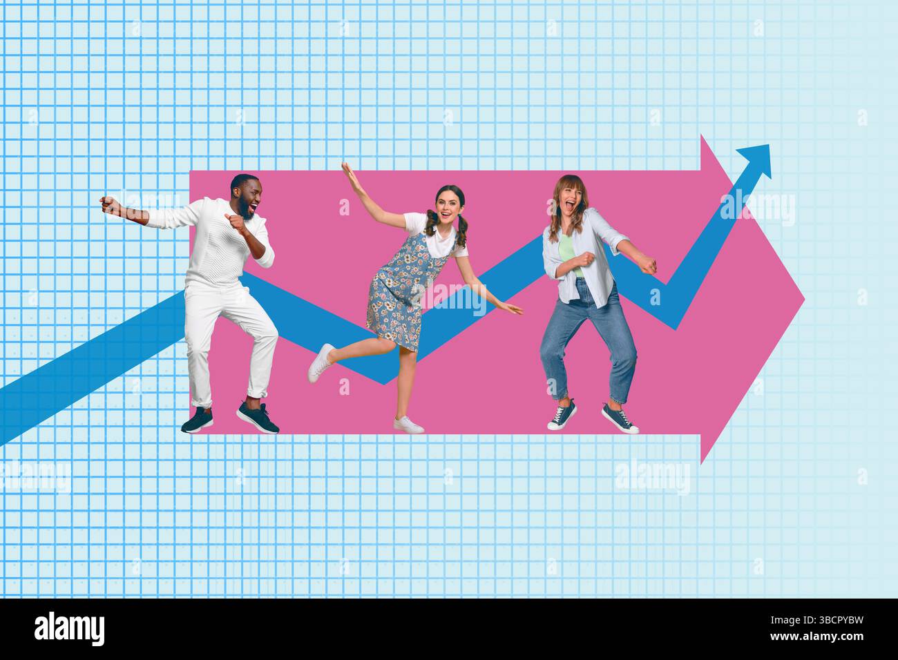 Collage of happy people jumping dancing near rising graph representing ...