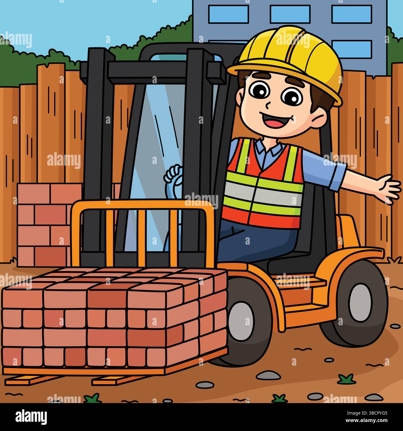 Construction Worker with Forklift Colored Cartoon Stock Vector Image ...