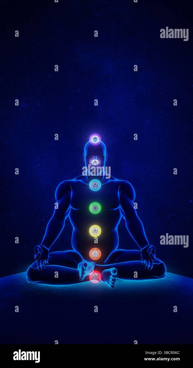 Lotus position meditation with visible chakras Stock Photo - Alamy