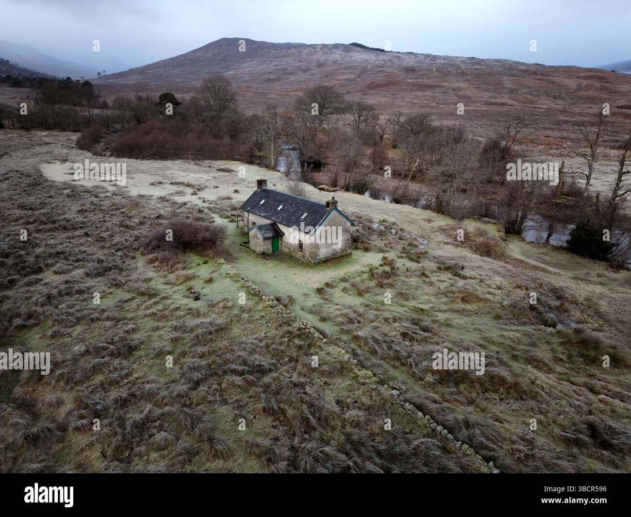 Aerial view of Invermallie Bothy in the remote Scottish Highlands — a ...