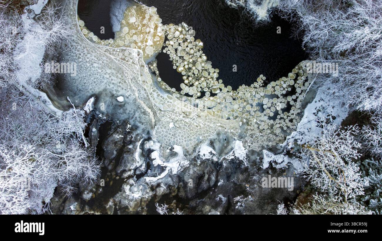 Aerial view of rare ice pancake formations on the River Cart in Linn ...