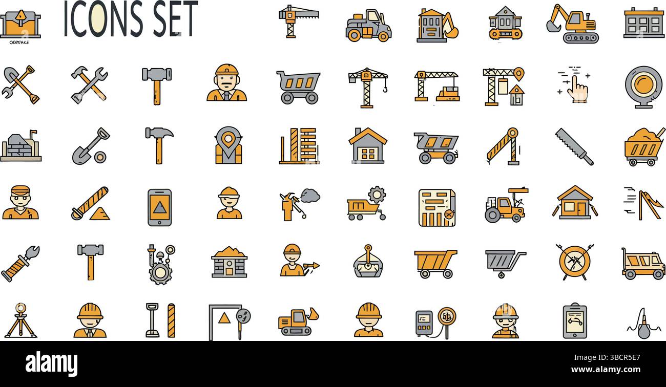 Construction and Engineering Icons Set – Industry Equipment, Tools, and Safety Symbols in Flat ...