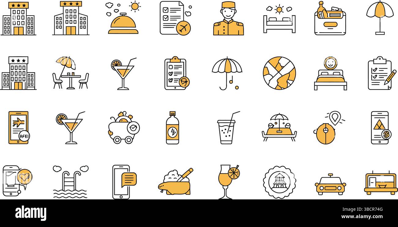 Hotel and Travel Icons Set – Modern Line Art Symbols for Hospitality ...