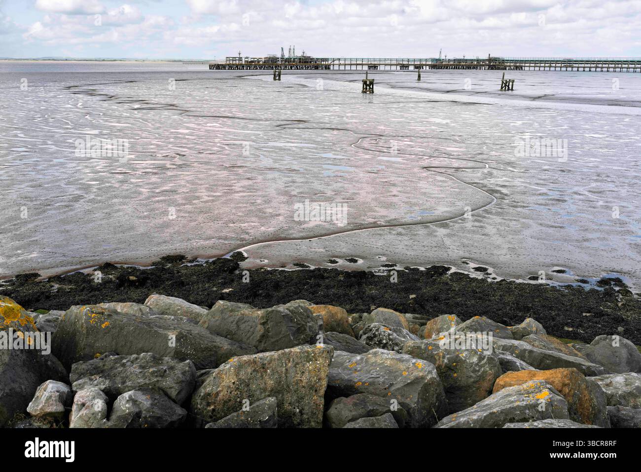 View along Hedon Haven at low tide flanked by rocks and grasses and jetty on horizon all under ...