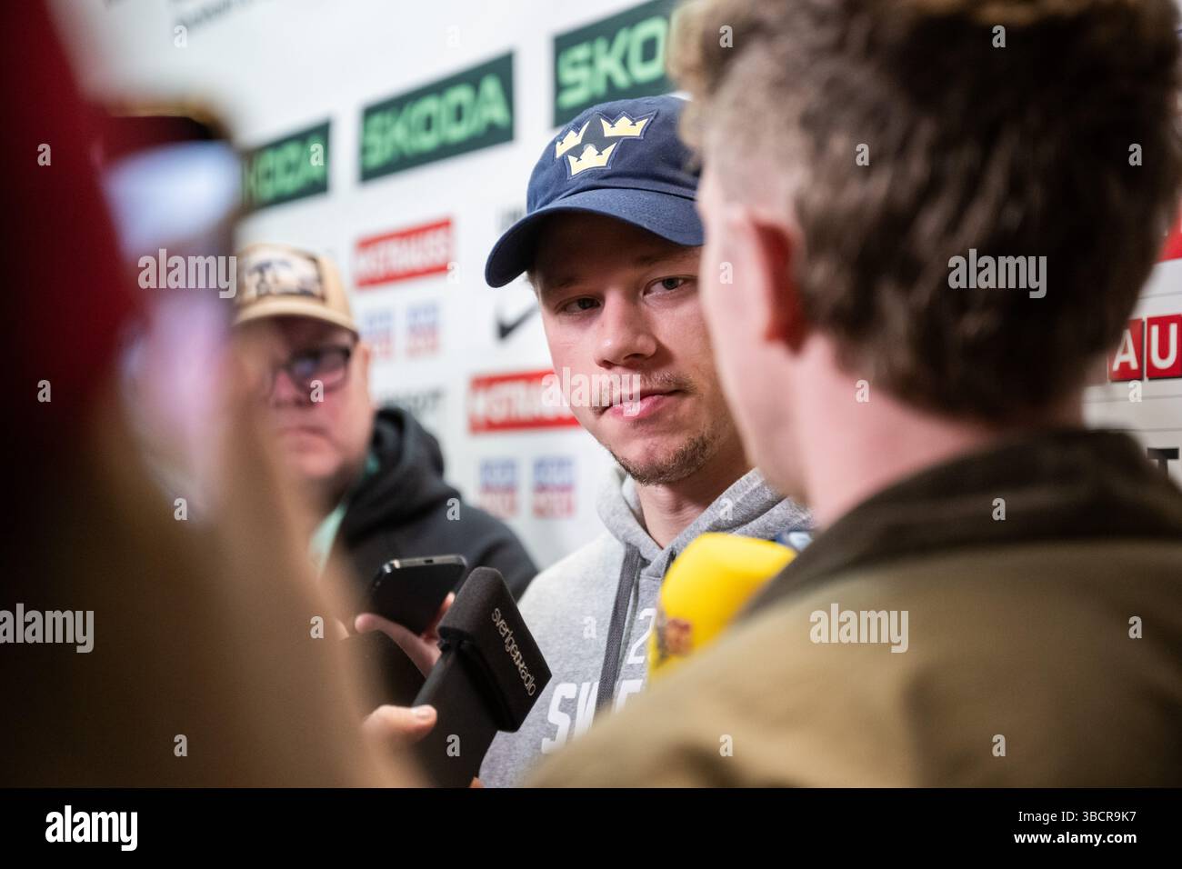 Lucas Raymond of, Sweden. , . in the mixed zone ahead of a practice session during the 2025 IIHF ...