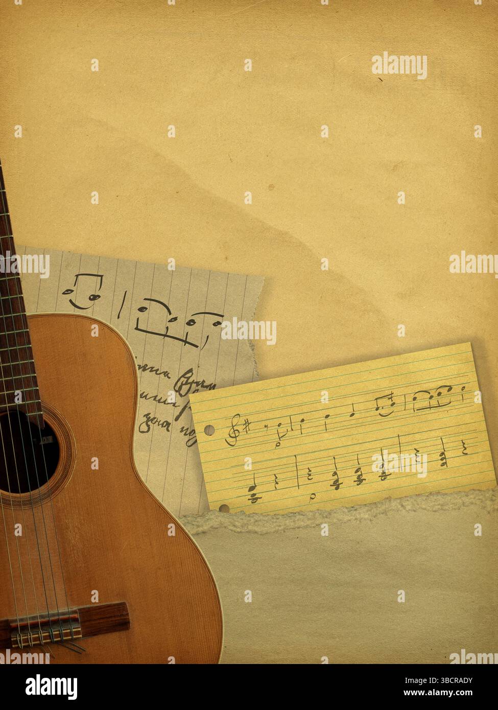 Collage of acoustic guitar, paper, and a sheet of yellow paper with ...