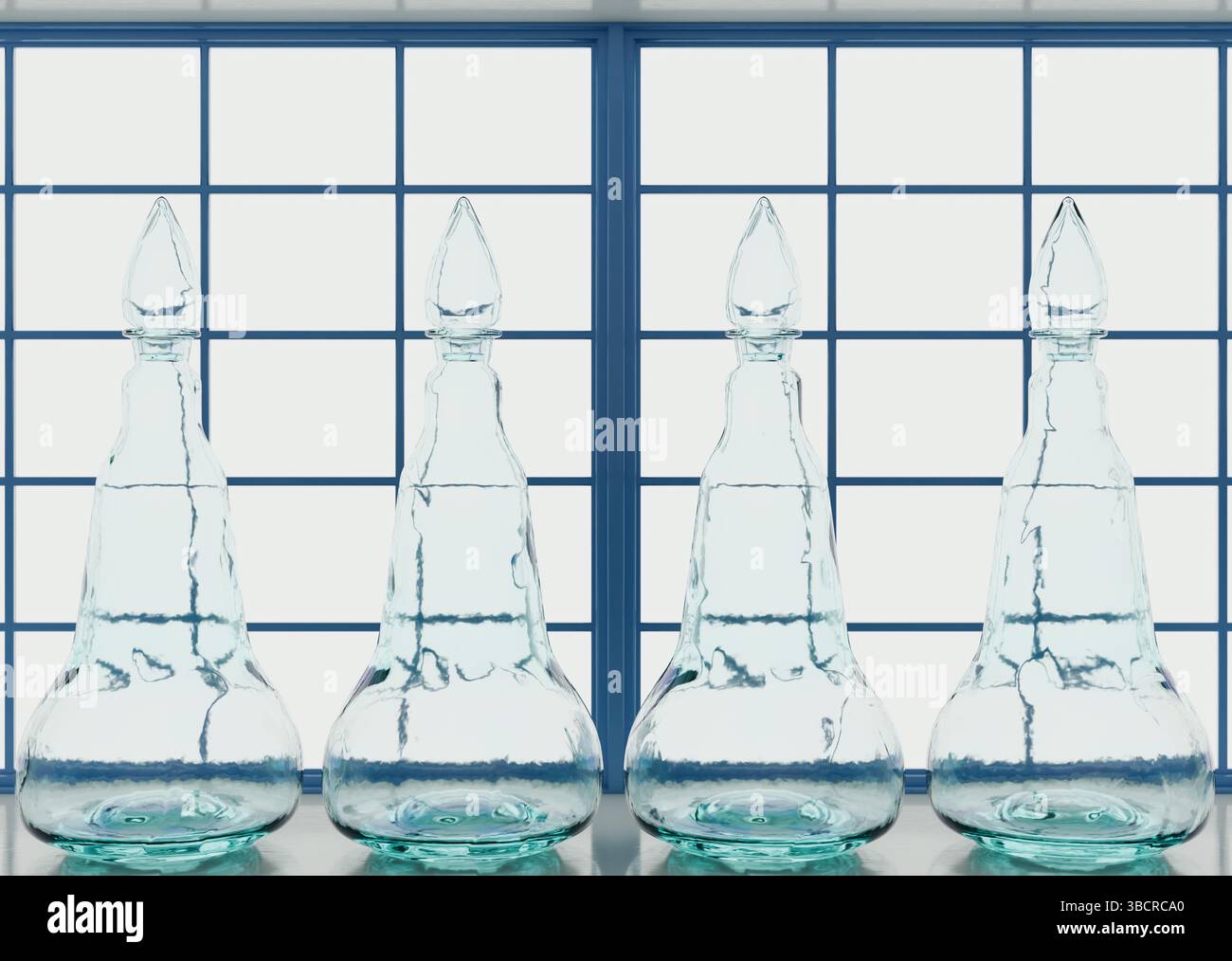 Collection of 4 large clear glass carboys on a on a sunny windowsill ...