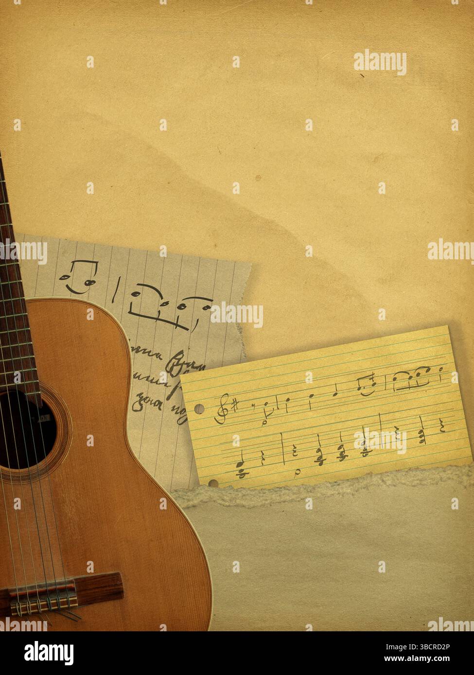 Collage of acoustic guitar, paper, and a sheet of yellow paper with ...