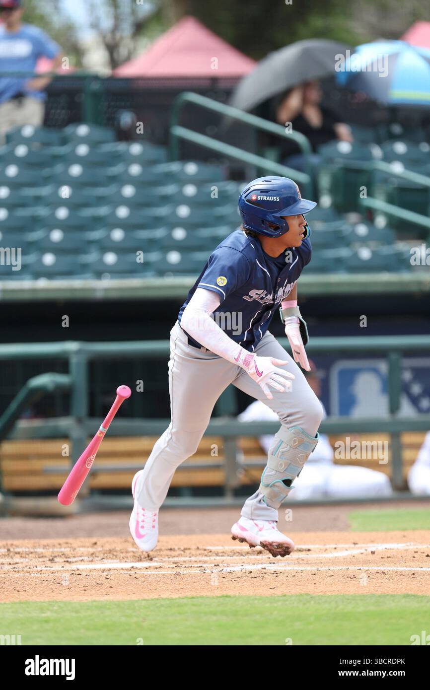 Myles Naylor (1) of the Stockton Ports bats against the Inland Empire ...