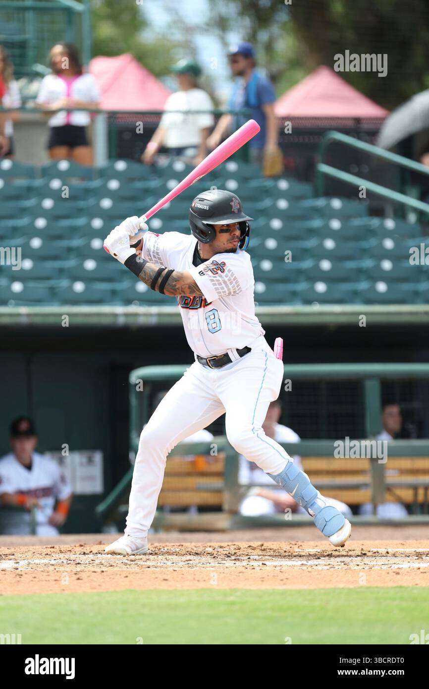Harold Coll (8) of the Inland Empire 66ers bats against the Stockton ...