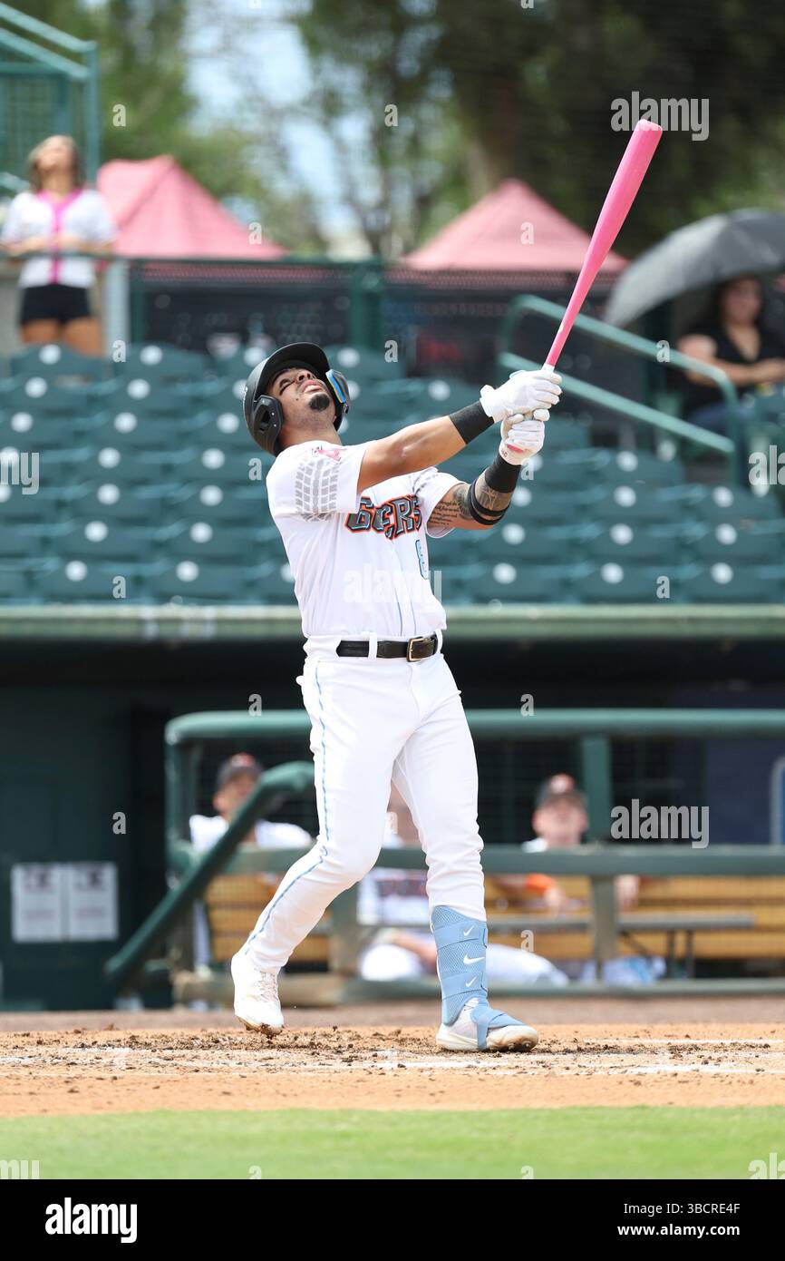 Harold Coll (8) of the Inland Empire 66ers bats against the Stockton ...