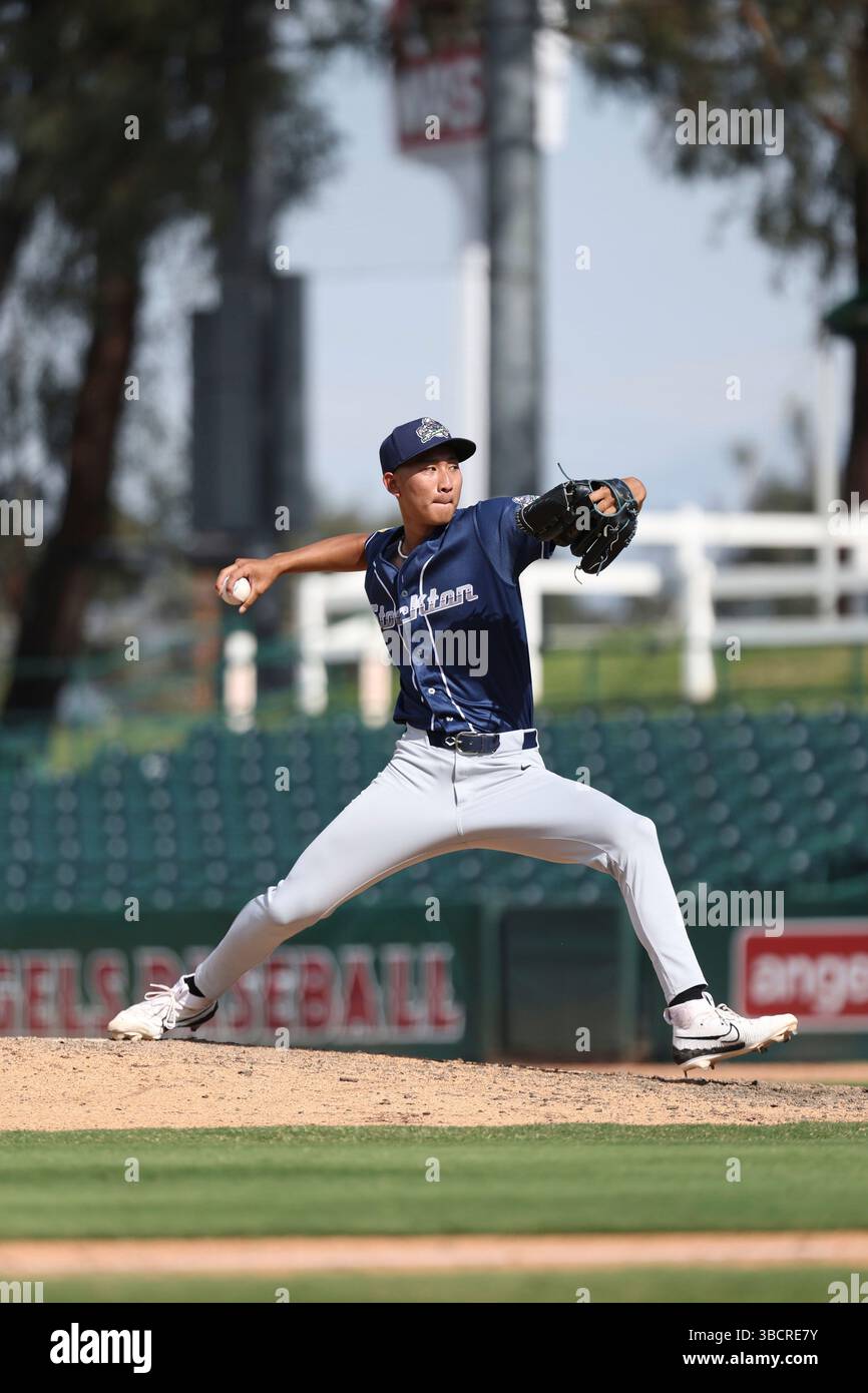 Tzu-Chen Sha (37) of the Stockton Ports pitches against the Inland Empire 66ers at San Manuel ...
