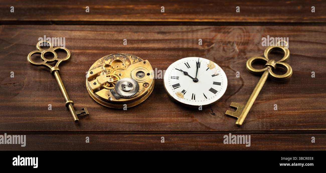 Old golden keys with clockwork and clock. Escape room game concept, web ...