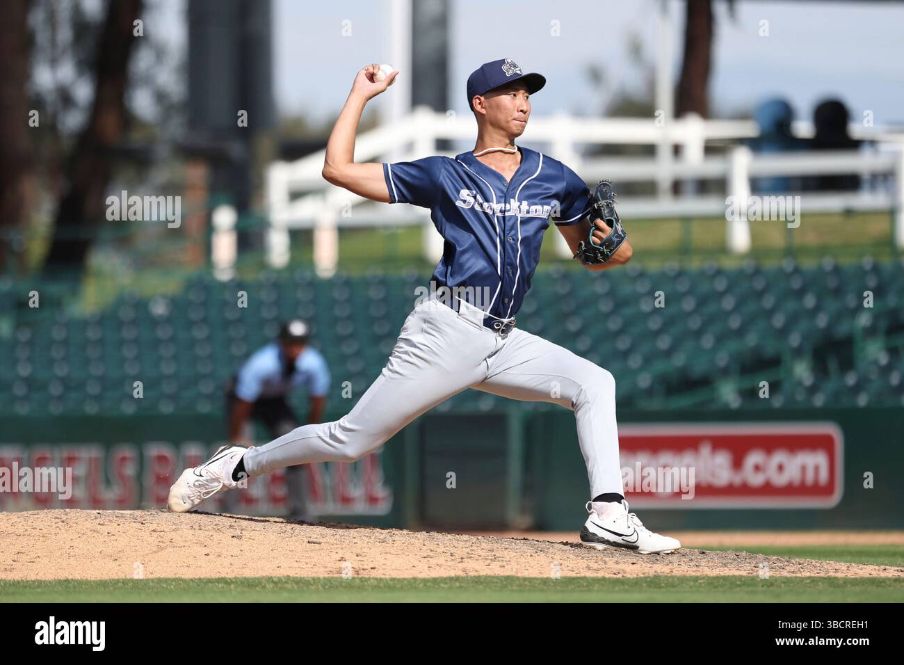 Tzu-Chen Sha (37) of the Stockton Ports pitches against the Inland Empire 66ers at San Manuel ...