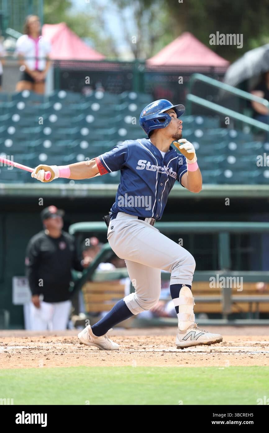 Cameron Leary (4) of the Stockton Ports bats against the Inland Empire ...