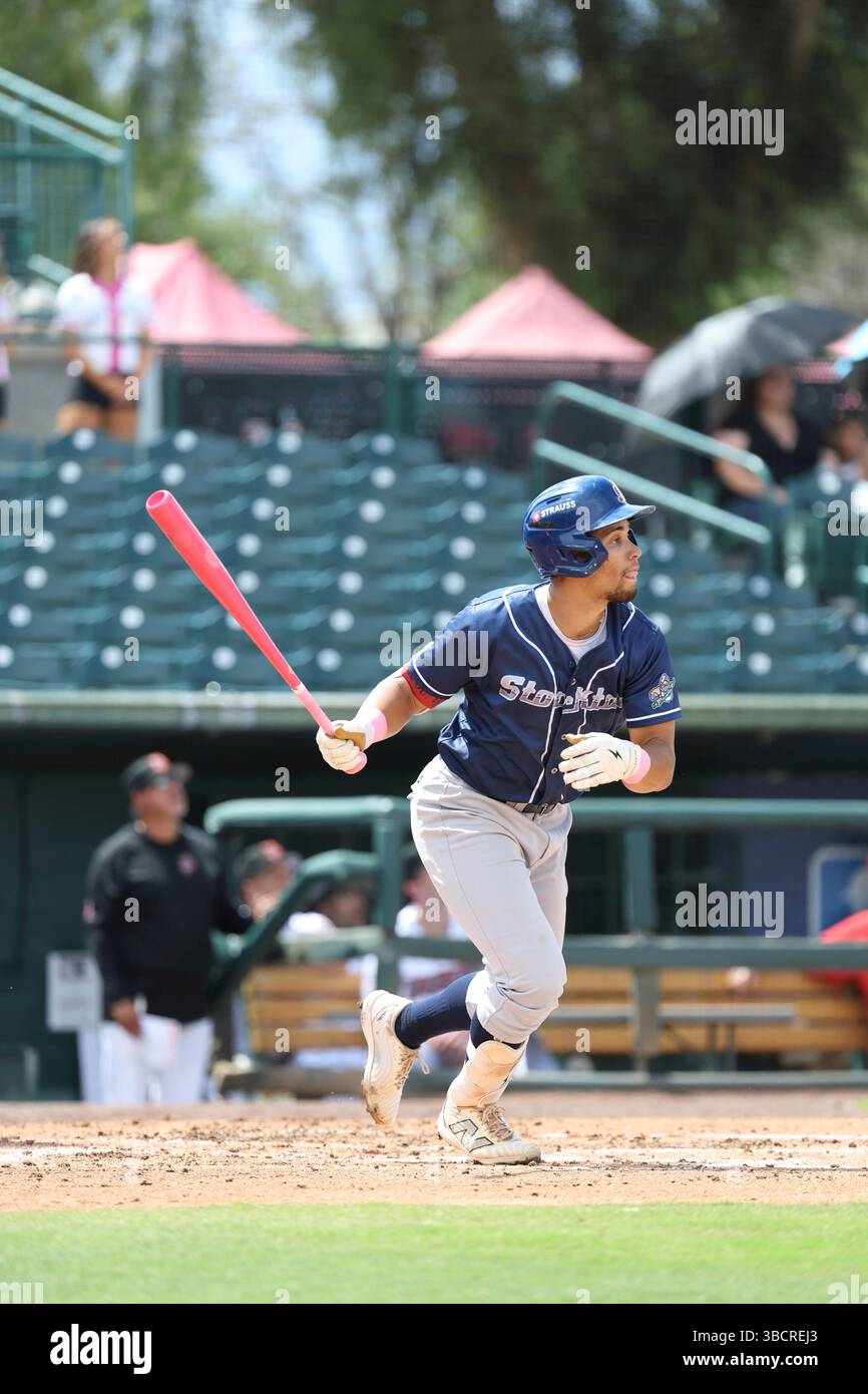 Cameron Leary (4) of the Stockton Ports bats against the Inland Empire ...