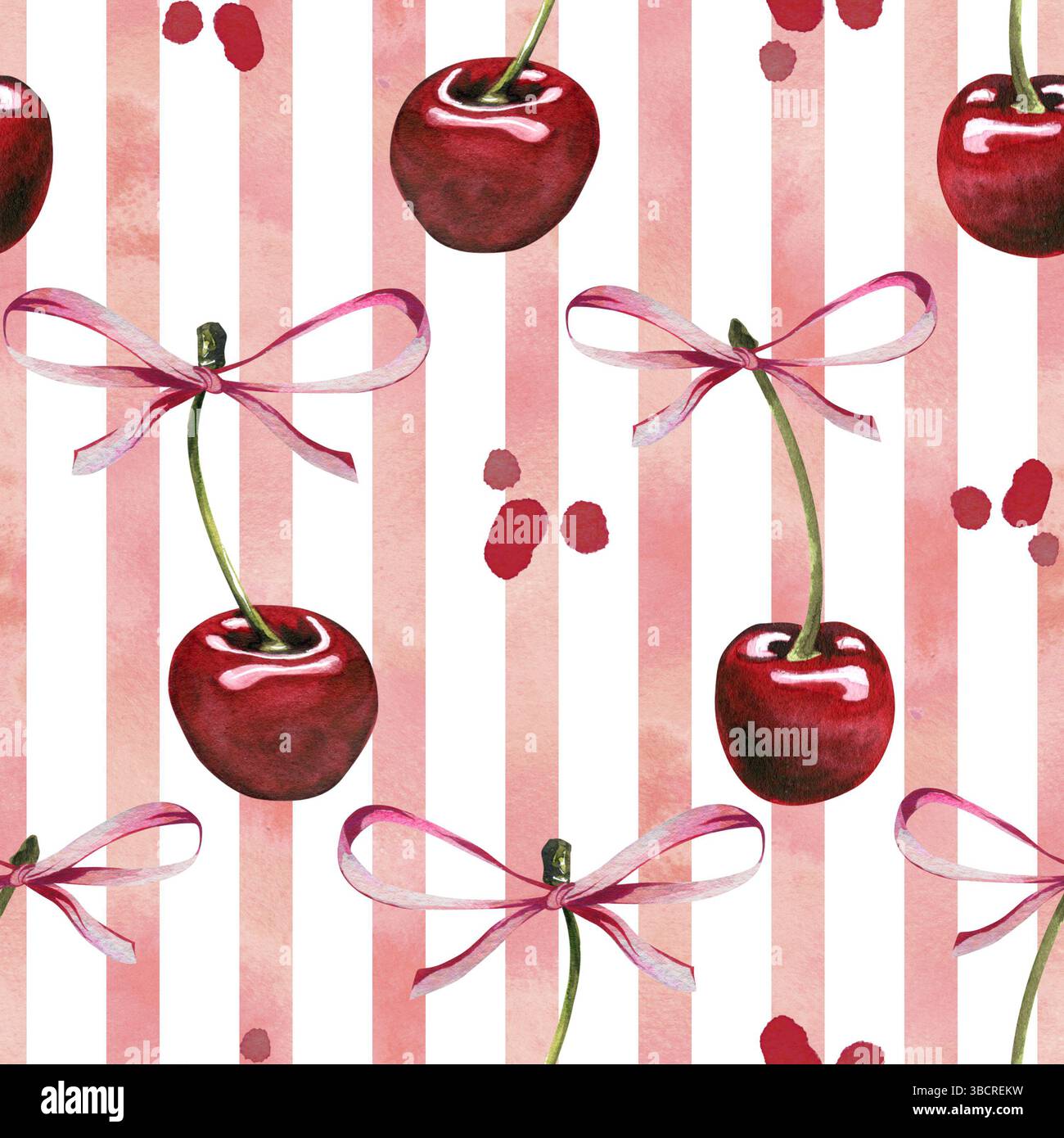 Red ripe cherries individual berries with bows, spots. Watercolor hand ...