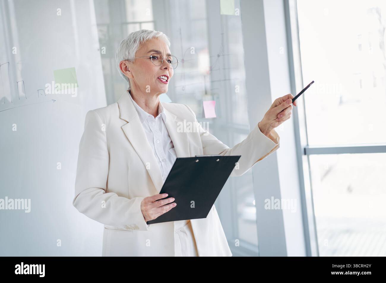 Confident mature businesswoman presenting ideas in a professional ...