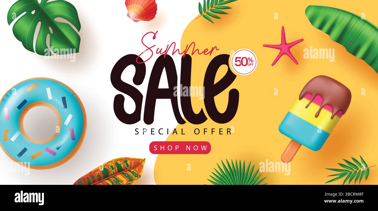 Summer sale banner design. Summer sale text with summer and tropical ...