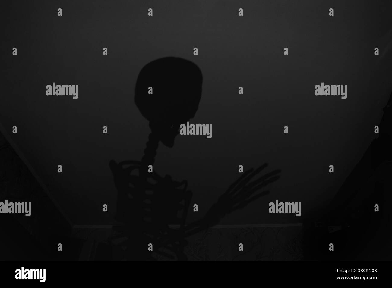 Skeleton shadow on ceiling at night in apartment close up, scary ...