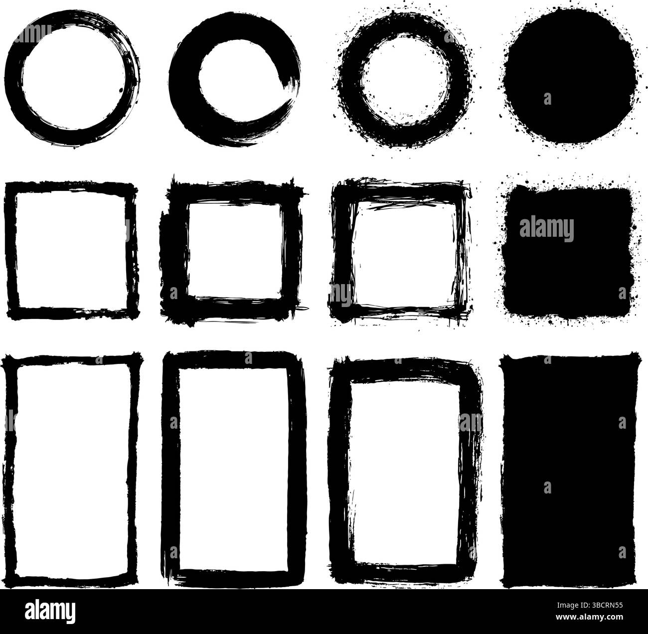 Set of grunge hand-drawn circles, squares, and rectangles in black ink ...