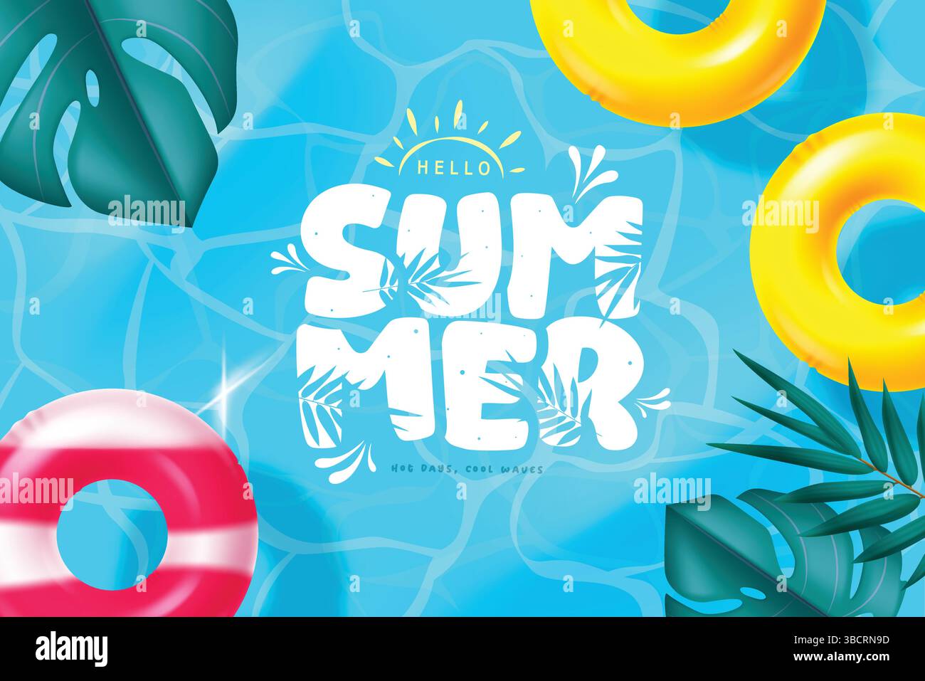 Hello summer greeting text, Hello summer text with summer elements floating on the water, Summer ...