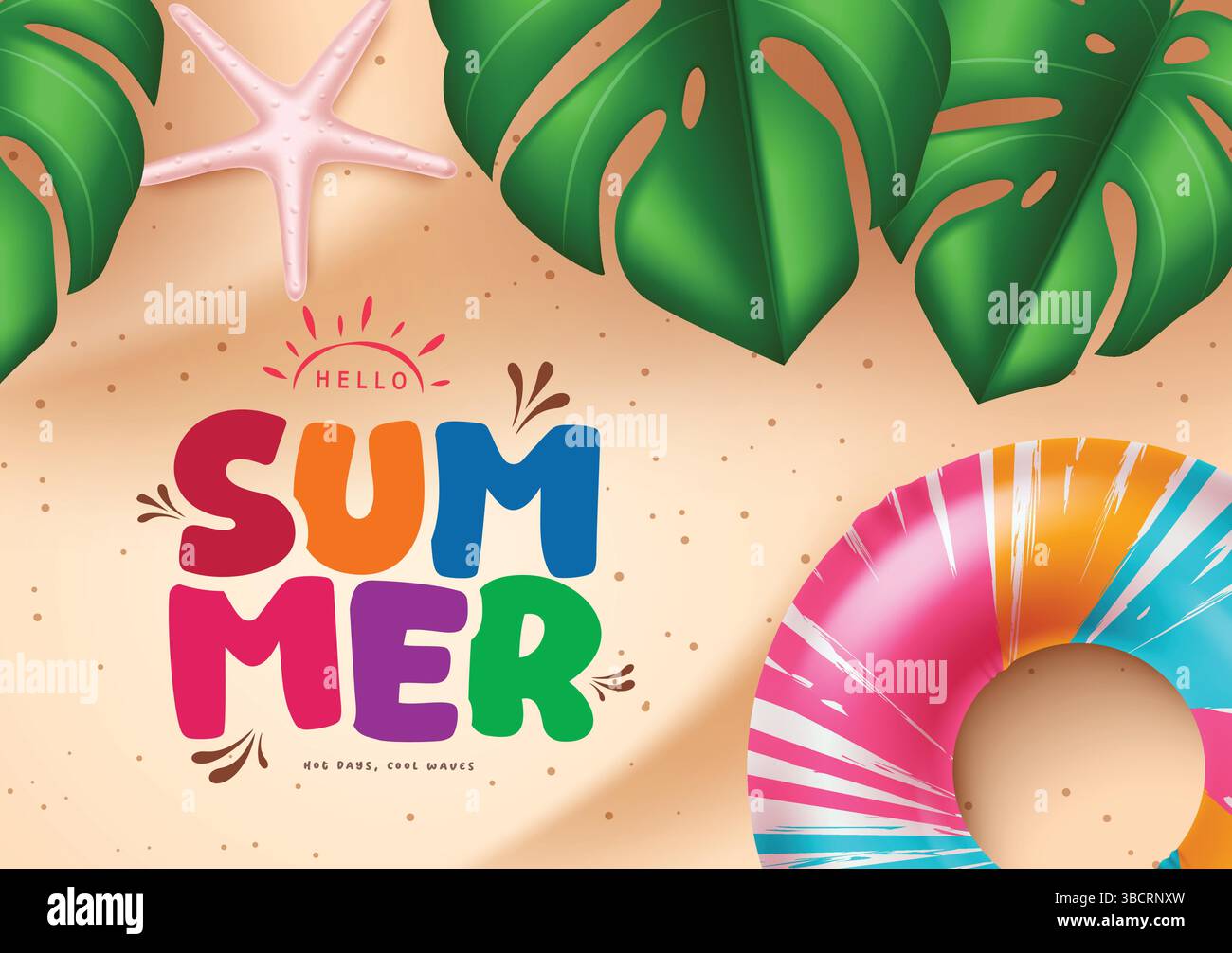 Hello summer greeting text in sand with floater starfish and monstera ...