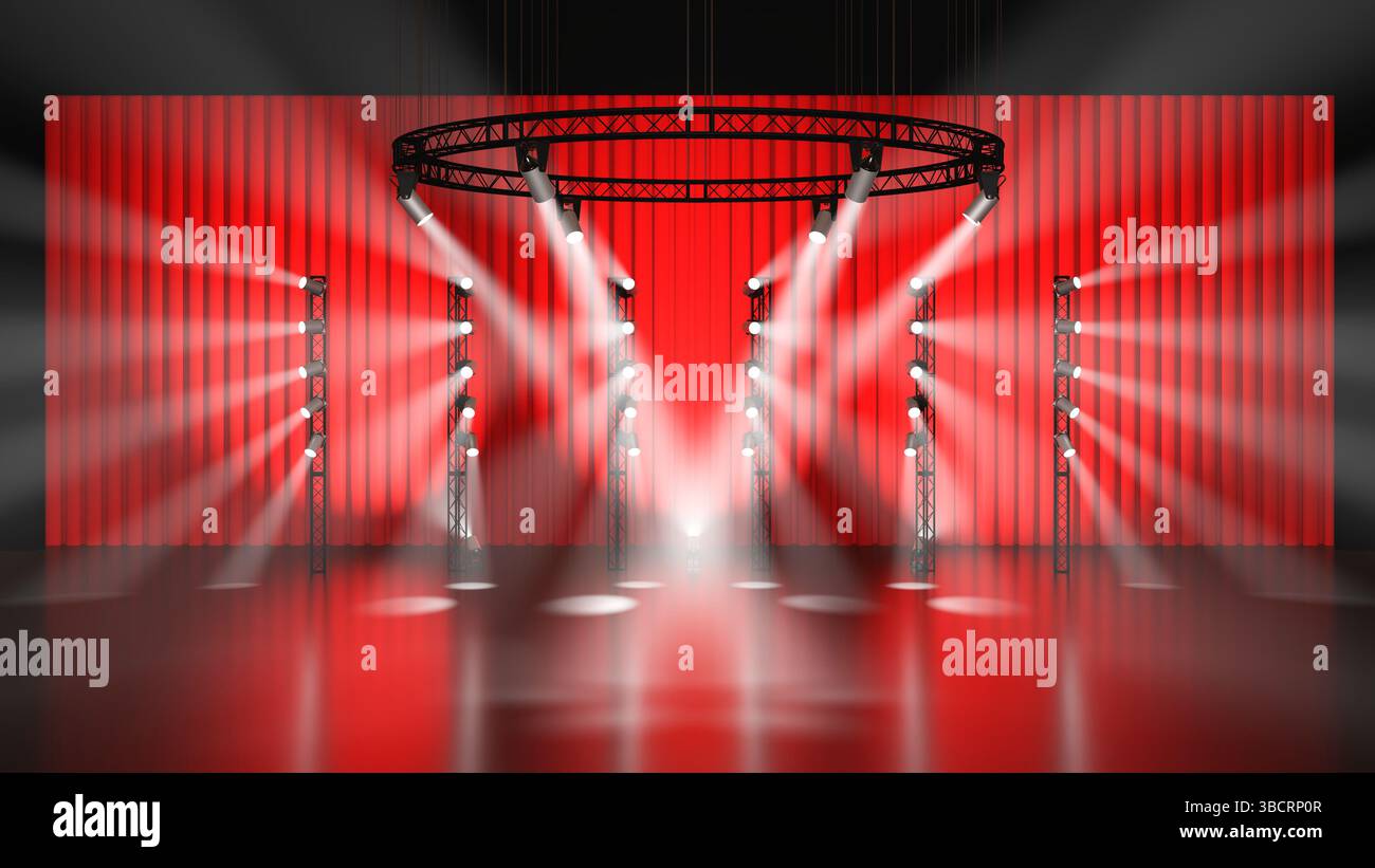 empty performance stage with spotlights and red curtain in the ...