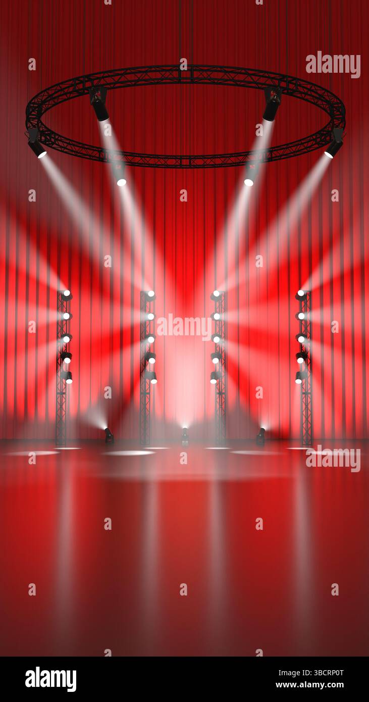 empty performance stage with spotlights and red curtain in the ...