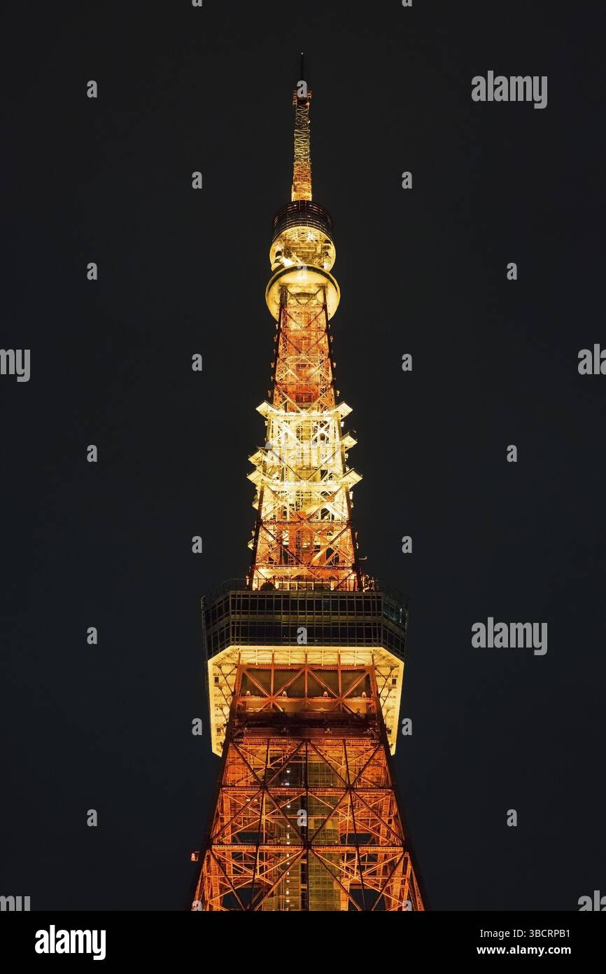 Tokyo Tower illuminated at night, communications and observation tower in the Shiba-koen ...