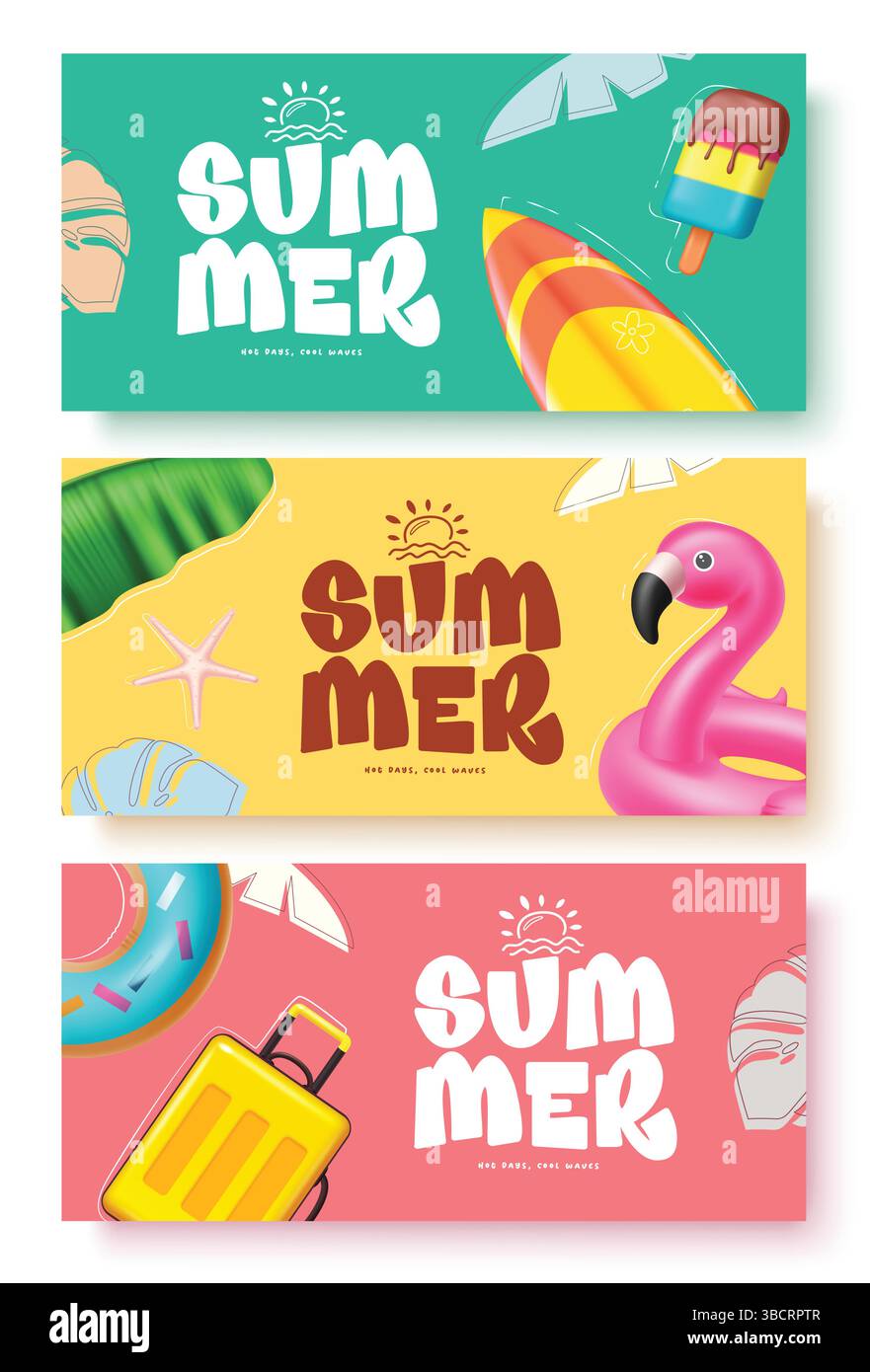 Hello summer greeting text. Summer banner set design with summer, tropical and travel vector ...