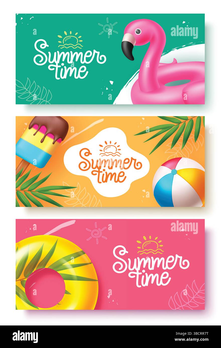 Summer time greeting vector banner design. Summer time greeting text with colorful floaters ...