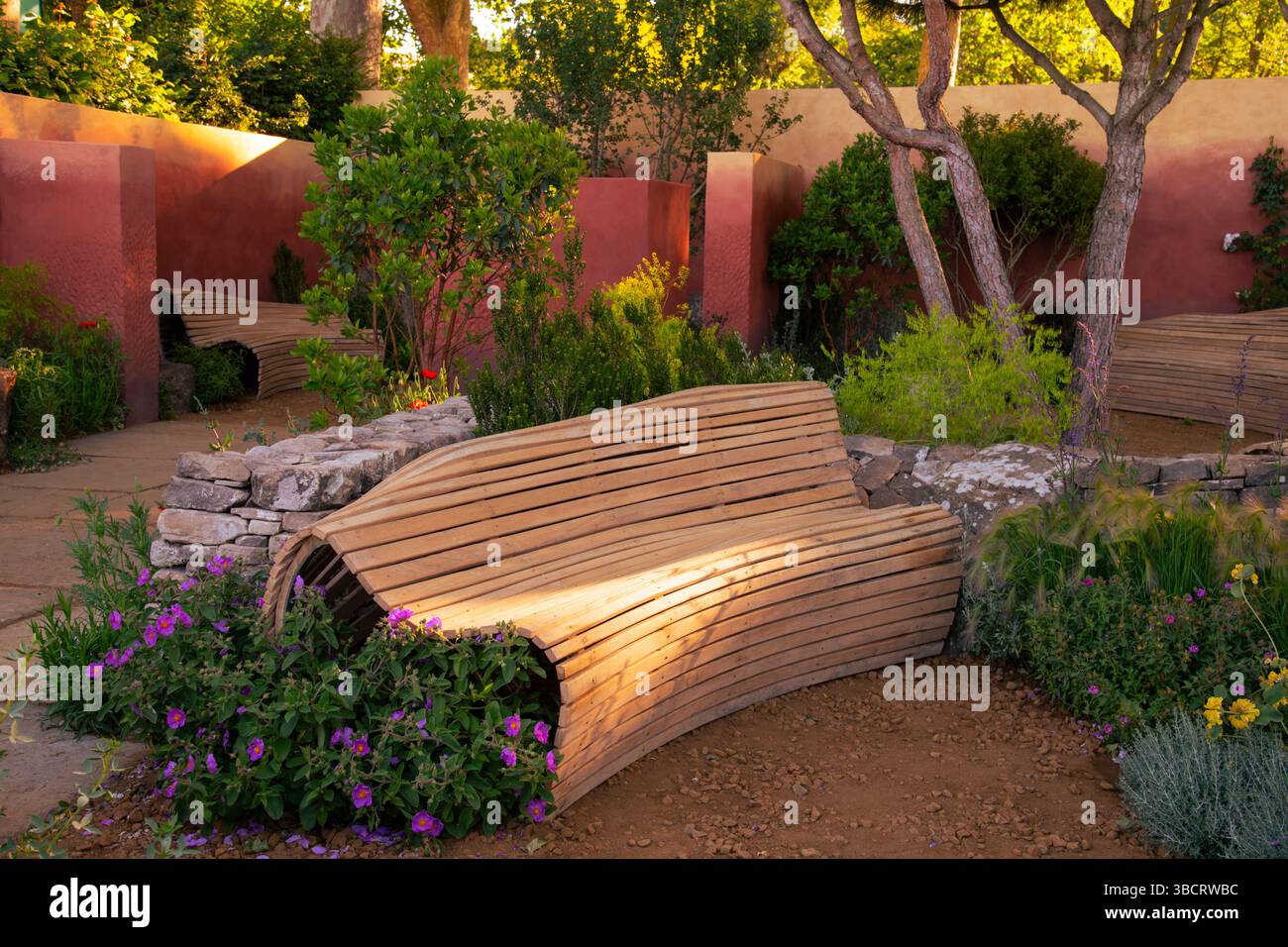 Steam bent oak benches, yorkstone paving and pathways through borders ...