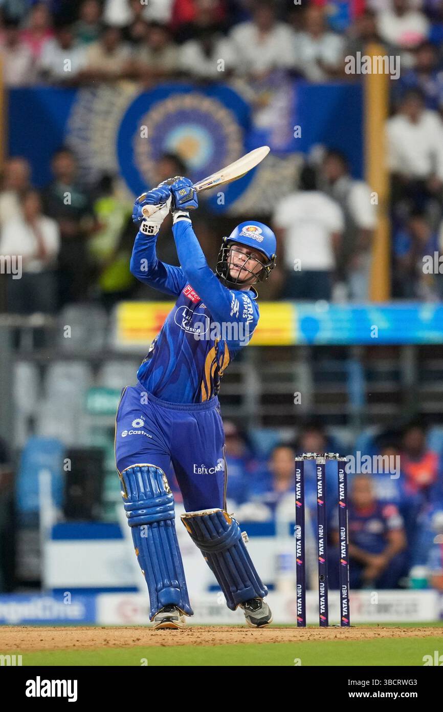 Mumbai Indians' Ryan Rickelton plays a shot during the Indian Premier League cricket match ...