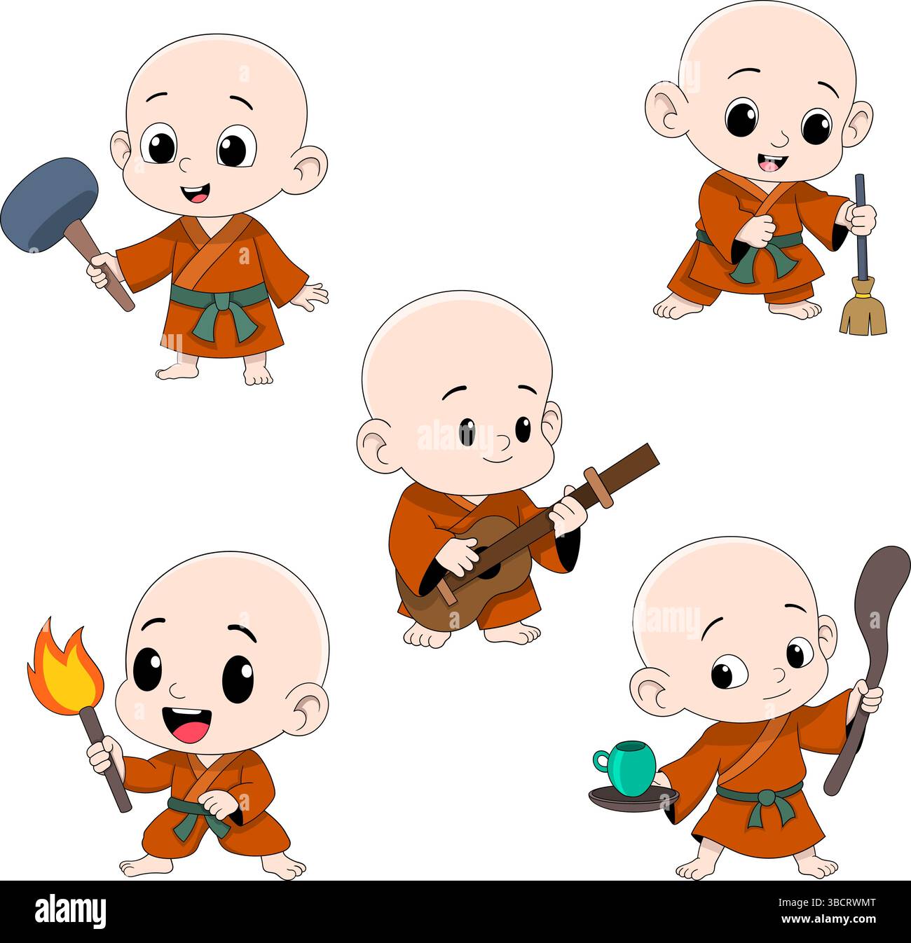 Cute cartoon set of young monk characters in orange robes performing ...