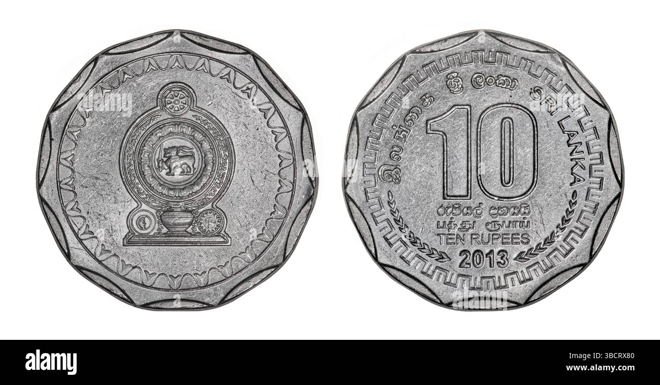 Both sides of the 10 Sri Lanka rupees hendecagonal (11-sided) coin ...